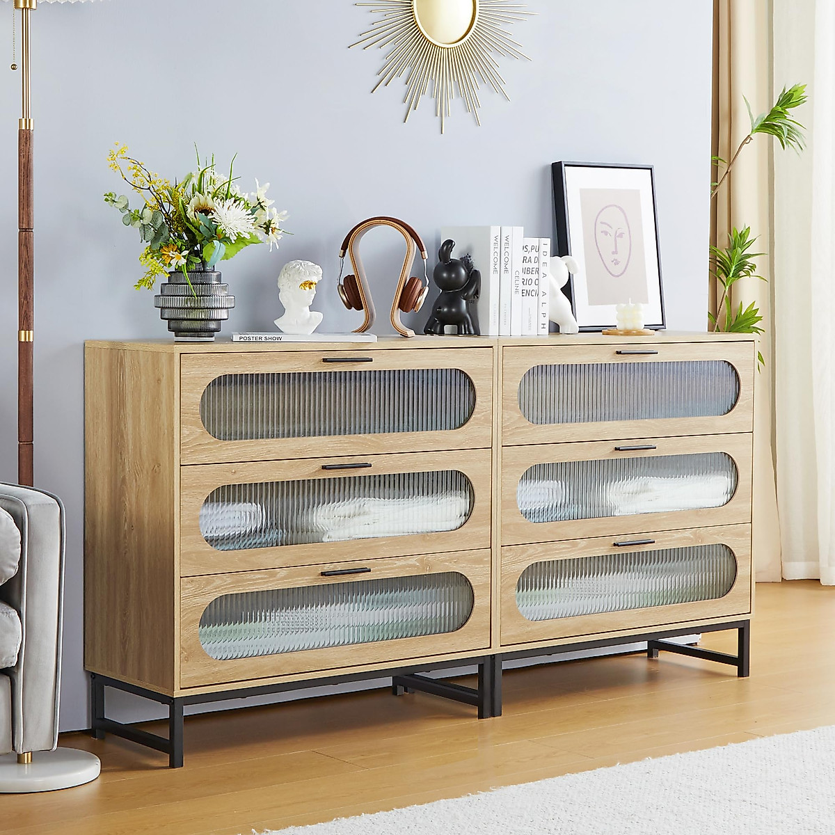 UHMUVFM 3 Drawer Dresser, Small Dresser with Tempered Glass Drawer Design, Modern Wood Dresser for Bedroom, Home Office (Natural)