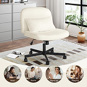 Criss Cross Chair with Wheels, Corduroy Massage Cross Legged Office Chair with Double Layer Sponge Cushion, Armless Wide Seat Swivel Vanity Chair, Height Adjustable Desk Chairs for Home Office, Beige