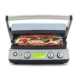 GreenPan Elite 7-in-1 Multi-Function Contact Grill & Griddle, Healthy Ceramic Nonstick Aluminum, Two Sets of Grill & Waffle Plates, Adjustable Shade & Shear, Closed Press/Open Flat Surface, Blue Haze