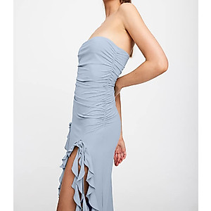 Women Sexy Ruffle Hem Strapless Long Dress Irregular Floral Tassel Split Ruched Bodycon Evening Party Tube Dress(01-Tube Light Blue,M)