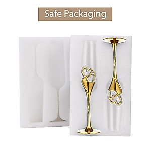 Wedding Champagne Glass Set Gold Toasting Flute Glasses Deluxe Pack of 2 with Rhinestone Rimmed Hearts Decoration for Wedding, Anniversary and Special Occasions