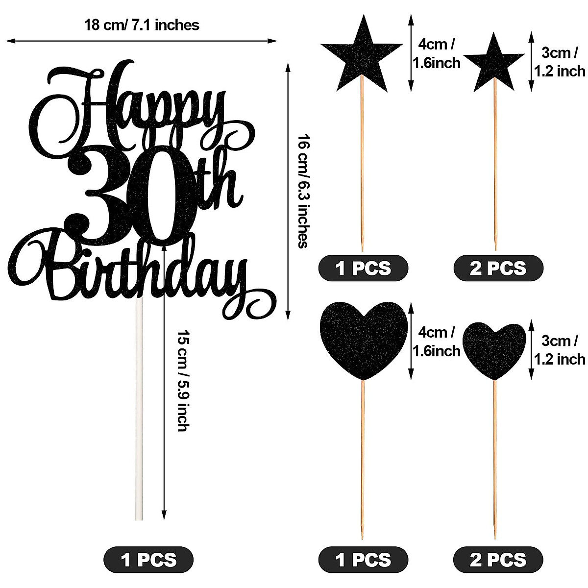 30th Birthday Cake Decorations Set Include 30th Birthday Candles Numeral 30 Cake Candles and Happy 30th Birthday Cake Toppers with Heart Star Cupcake Picks for Birthday Party (Black Series)