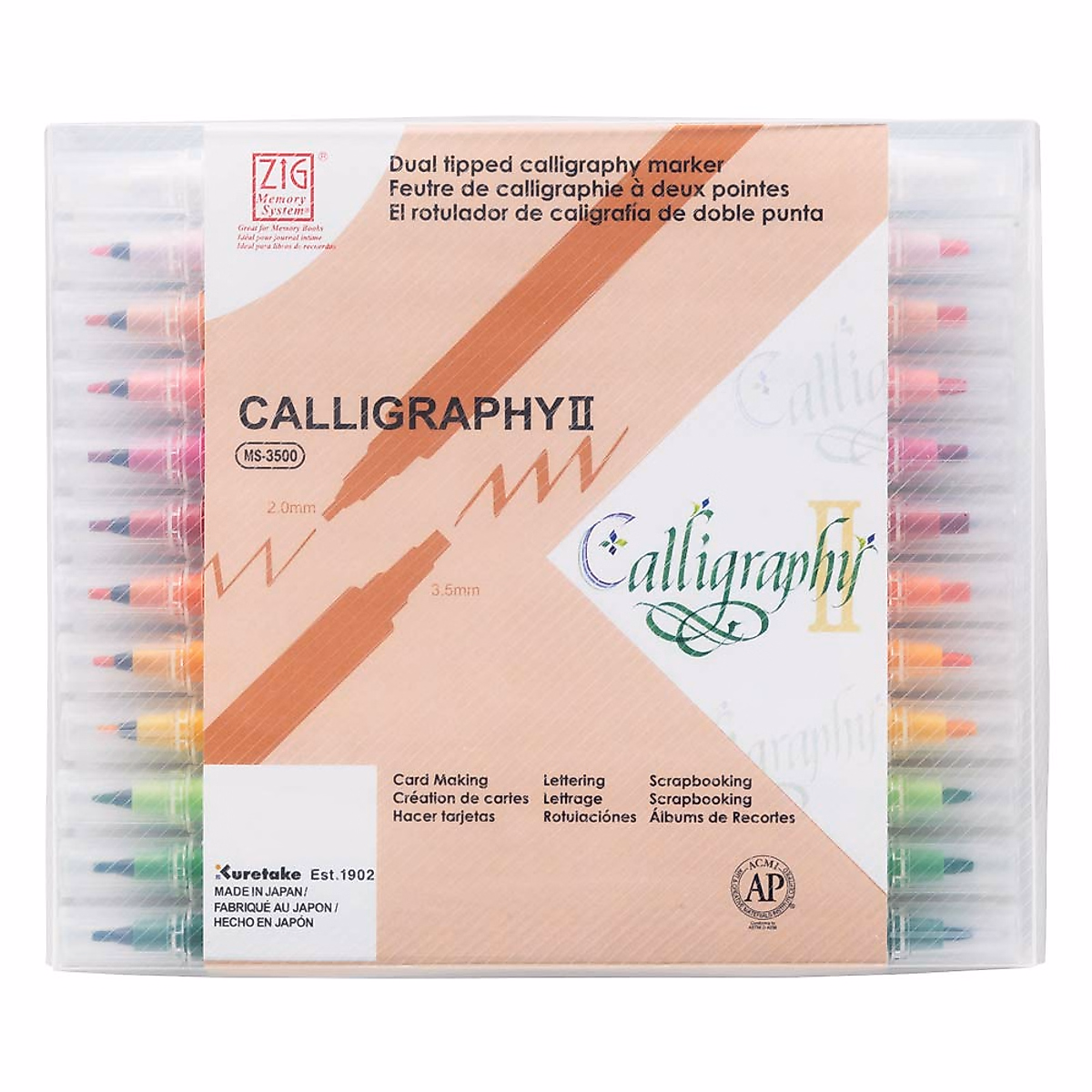 Kuretake Zig Calligraphy 2 Dual Tip Markers 24 Colors Set, 2mm, 3.5mm, Square Tips, AP-Certified, No Mess, Photo-Safe, Acid Free, Lightfast, Odourless, Xylene Freeing, for Beginners, Made in Japan