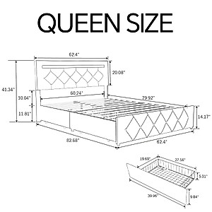 Kallabe Queen Size Bed Frame with 4 Drawers and LED Adjustable Headboard, Charge Station, Upholstered Platform Bed with Solid Wooden Slats Support, No Box Spring Needed, White
