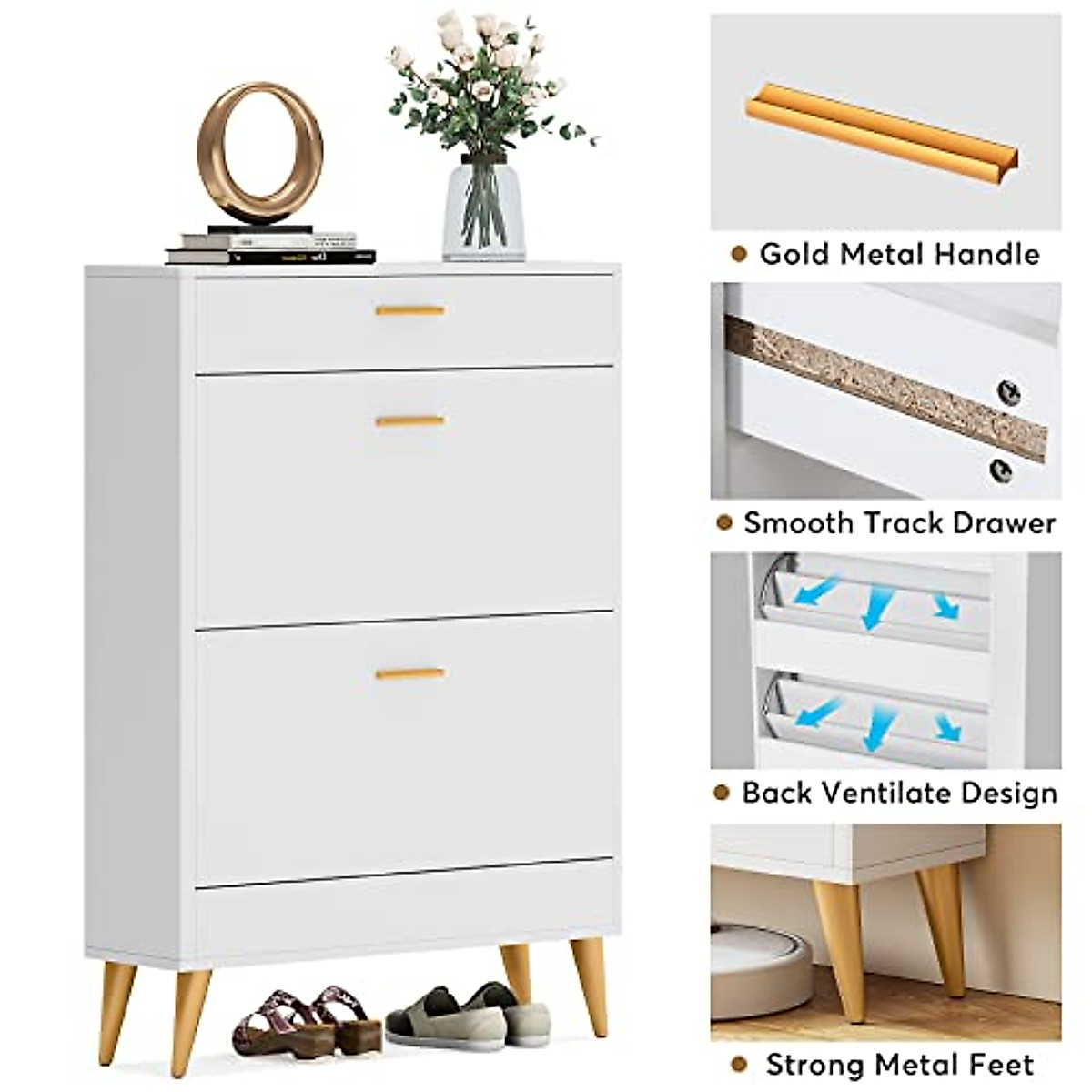 Tribesigns Shoe Cabinet, 16 Pair Shoe Rack Storage Organizer with 2 Flip Drawers, White Entryway Shoe Storage Cabinet for Heels, Boots, Slippers (White)
