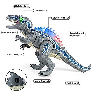 WESPREX Remote Control Walking Dinosaur T-Rex with Water Mist Spray, LED Light Up Eyes & Back, Roaring Sound, Realistic Tyrannosaurus, Toy for Boys Kids Girls Ages 3 4 5 6 7 Year Old - Blue