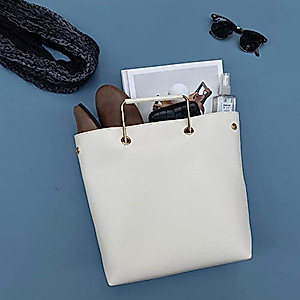 Women Tote with Metal Handle Vegan Leather Convertible Top Handle Handbag (Ivory)