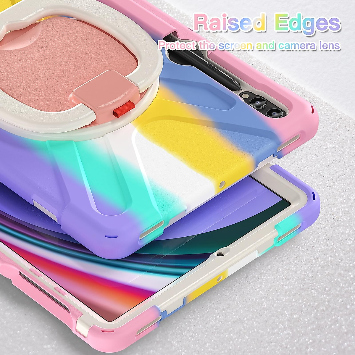 360 Rotation Case for Samsung Galaxy Tab S9+ 12.4'' 2023/S8+ /S7+/S7 FE，with Shoulder Strap S Pen Holder Rotatable Kickstand/Handle Rugged Silicone Case(Colorful Pink)