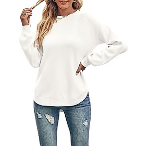 MEROKEETY Women's 2025 Fall Long Balloon Sleeve Crew Neck Sweater Tops Waffle Knit Soft Pullover Jumper, White, M
