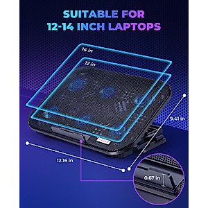 HAVIT Laptop Cooling Pad with 6 Quiet Fans and Adjustable Heights for 12-14.1 Inch Laptops, Dual USB Ports, Phone Holder, Efficient Cooling Stand for Heat Dissipation