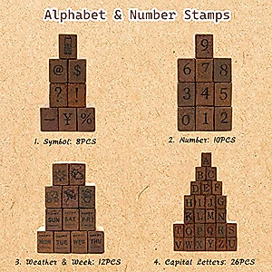 Toptime Letter Stamps, 56pcs Alphabet Stamps with Weeks and Weather, Number Stamps with Wooden Case, Vintage Symbol Wood Stamps with Ink Pads Rubber Stamps for Crafting, Card Making, Scrapbooking