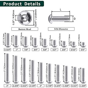 5/16-18 x 1" Button Head Socket Cap Bolts Screws, 304 Stainless Steel 18-8, Full Thread, Coarse Thread, Allen Hex Drive, 20 PCS