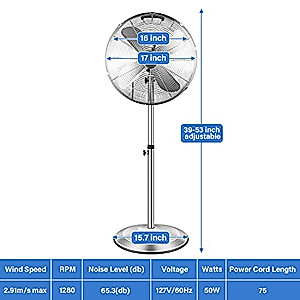 16 Inch Stand Fan, Adjustable Heights, Horizontal Ocillation 75°, 3 Settings Speeds, Low Noise, Quality Made Durable Fan, High Velocity, Heavy Duty Metal For Industrial, Commercial, Residential