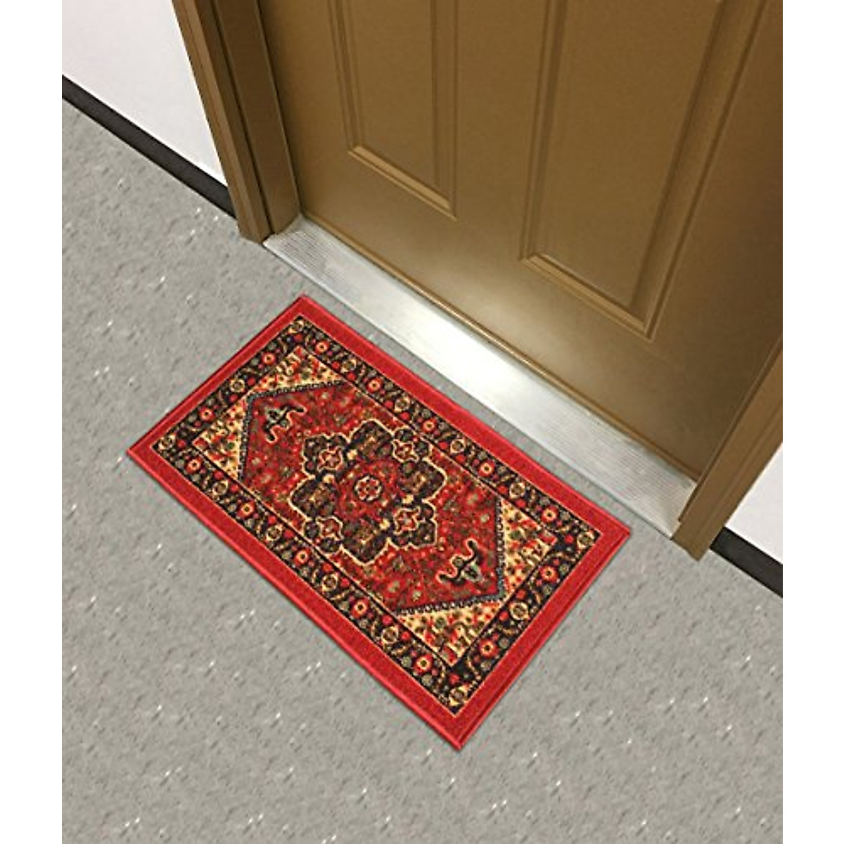 Kapaqua Rubber Backed Mat 18" x 31" Red Persian Medallion Doormat Accent Non-Slip Rug - Rana Collection Kitchen Dining Living Hallway Bathroom Pet Entry Rugs RAN2090-12