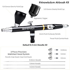 Rhinowisdom Airbrush Kit - Airbrush Gun Set Dual-Action Gravity Feed with 0.35, 0.4 & 0.5mm Needle Sets - Air Brush Set with 2 1/3 oz Replacement Cups for Nails Model Painting Cake Tattoo Makeup