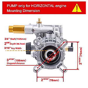 3/4'' Shaft Horizontal Pressure Washer Pump, 3000 PSI@2.5 GPM Power Washer Pump with Nozzle Tips, Hardware and Siphons Tube, Replacement/Accessories for Residential and Industrial Gas Powered Washer