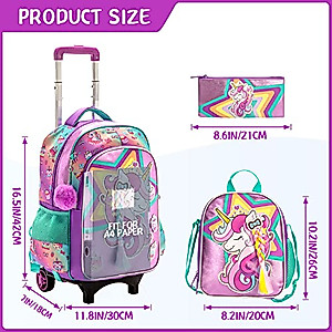 JSMNIAI Unicorn Rolling Backpack for Girls Wheels Backpacks Kids Luggage for Elementary Preschool Students Cute Suitcase Trolley Trip Wheeled Backpack with Lunch Box for Girls