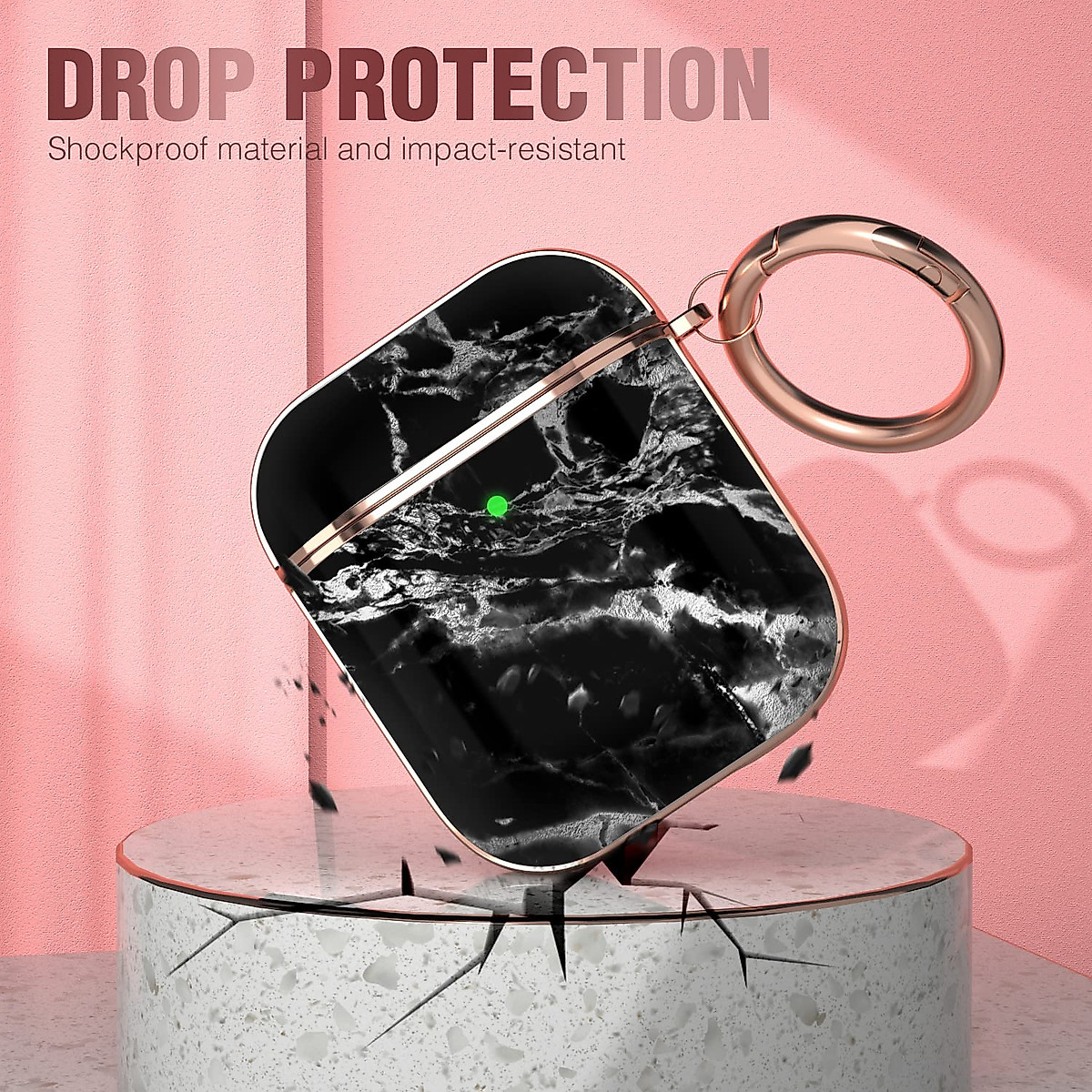 Maxjoy for AirPods Case Cover, Marble AirPod Case for Women Men Hard Protective Shockproof Cute iPod Case with Keychain Clip Compatible AirPods 2nd 1st Generation Charging Case 2&1, Black