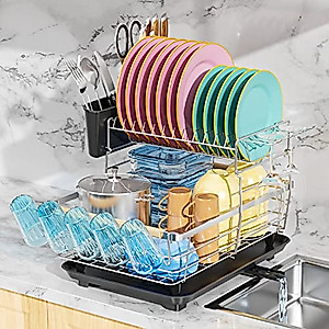 G-TING Dish Drying Rack, 2 Tier Detachable Dish Rack and Drainboard Set, Rust-Proof Drying Rack for Kitchen Counter, Large Capacity Dish Drainer with Utensils Holder and Cup Rack, Silver