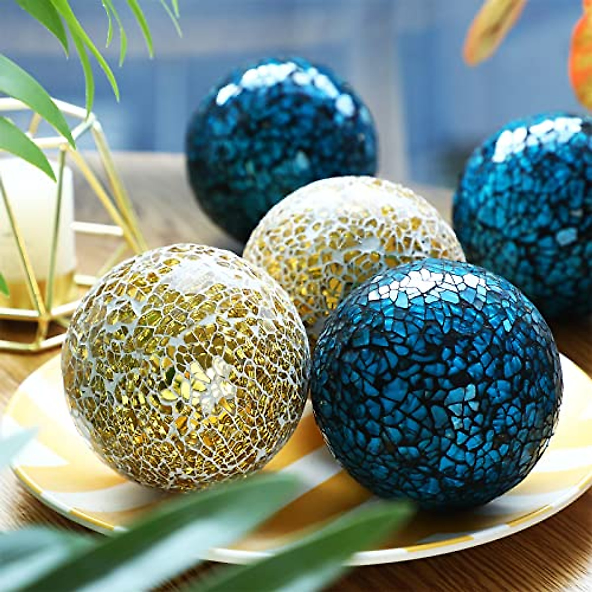 Honeydak 5 Pieces Glass Mosaic Sphere Decorative Balls for Centerpiece Bowls Turquoise Decorative Glass Balls Orbs Decorative Vases Fillers for Home Decoration Dining Table Bowls Tray, Blue,gold