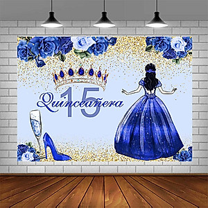 Sendy 10x7ft Quinceanera Backdrop for Girl Happy 15th Birthday Background Blue Flowers High Heels Crown Princess Birthday Party Decorations Photography Props Banner