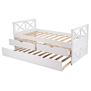 OYN Wooden Twin Multi-Functional Daybed Frame Set with X Headboard,Storage Drawers and Trundle for Children Teen Boys and Girls, White