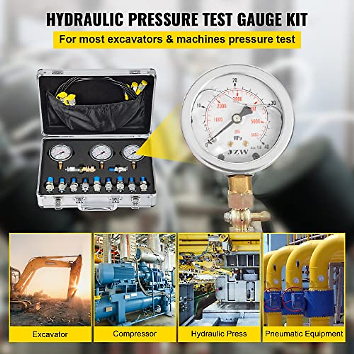 VEVOR Hydraulic Pressure Test Kit, 25/40/60Mpa/11Couplings, Excavator Parts Hydraulic Tester Coupling Hydraulic Pressure Gauge Kit for Excavator Construction Machinery