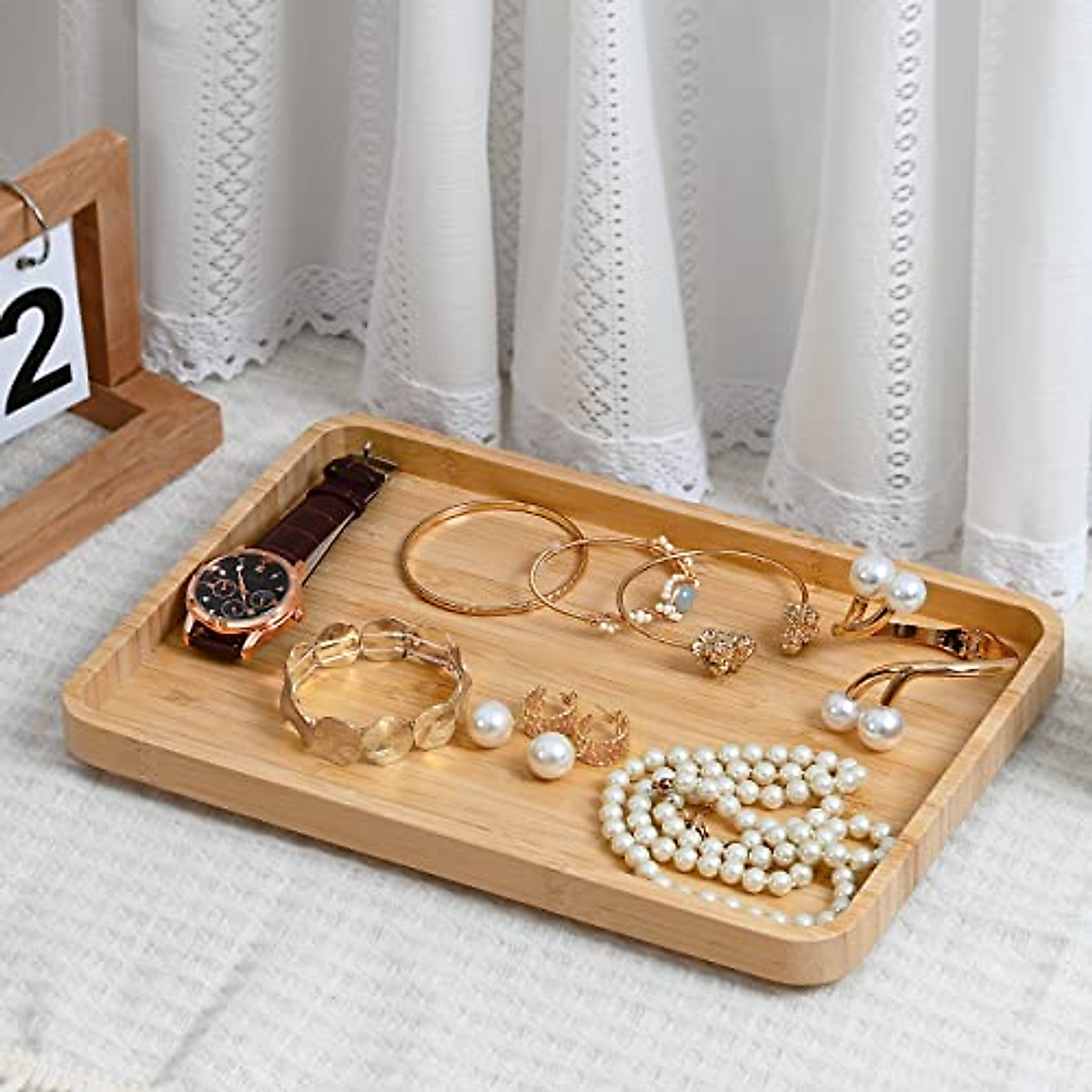 Bamboo Tray, Bathroom Counter Tray Organizer, Vanity Trays for Bathroom Home and Kitchen Serving Decorating Organizing, 12 x 8 x 1 in