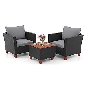 ORALNER 3 Pieces Patio Furniture Set, Outdoor Wicker Conversation Chairs with Cushion, Acacia Coffee Table, Rattan Bistro Set for Balcony Garden Backyard Front Porch Poolside (Grey)