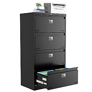 TOPKEY Lateral File Cabinet 4 Drawer Metal Filing Cabinets for Home Office, Black File Storage Cabinet with Lock for Letter/Legal A4 Size, Locking Horizontal Filing Cabinet with Card Slot