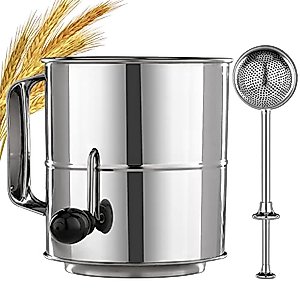 PIQUEBAR Flour Sifter - 5 Cup Fine Mesh Hand Crank Sifter Stainless Steel with Agitator Wire Loop for Baking, Powdered Sugar Duster Set