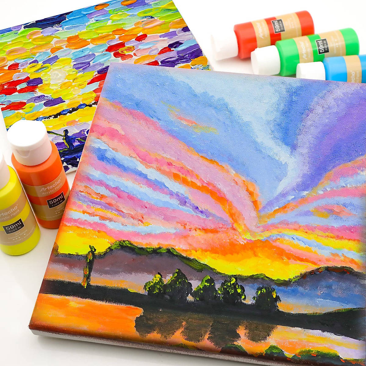 Artecho Acrylic Paint Set 24 Colors 2oz/59ml, Art Craft Paint for Art Supplies, Paint for Canvas, Rocks, Wood, Fabric and Ceramic, Non Toxic Paint for Artists, Students, Beginners and Adults