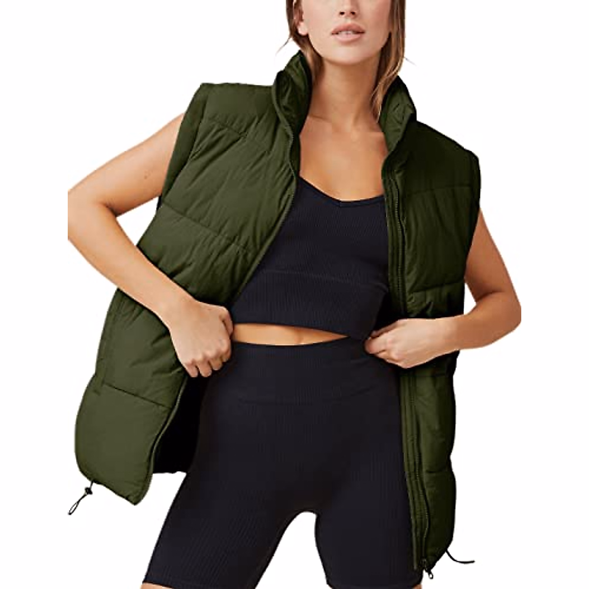Watashi Women's Quilted Puffer Vest Stand Collar Fall Drawstring Zip Up Sleeveless Gilet Jacket(ArmyGreen-M)
