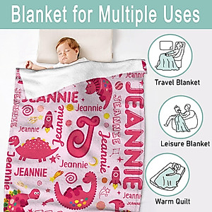 Dinosaur Lover Astronaut Personalized Blanket with Name Custom Pink Dinosaur with Name Flannel Blanket Soft Throw Meaningful Gift for Toddlers Girls Boys Kids Pets 40 * 30" XS for Toddler