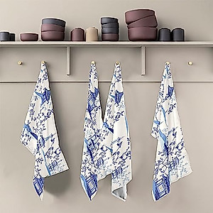 pnyoin Vintage Ink Pagodas Chinoiserie Style Kitchen Dish Towels with Hanging Loop Dishcloths Dish Rags Bar & Tea Towels Highly Absorbent Set of 4 for Cooking Drying Cleaning 18x28in