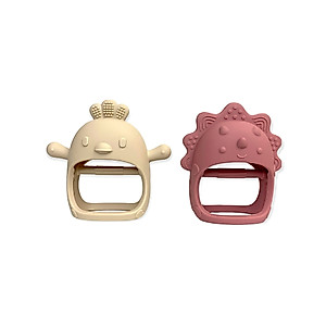 MOMMYS BABY Silicone Baby Teether Set, Anti-Drop Teething Toy, Infants chew Mitten, Pain Relief Soothing 2 in 1 | Beige Chick, Dark Pink Triceratops | Anti-Drop with Inside Handle for Easy Grip