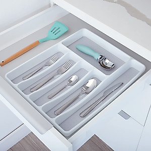 Smart Design 6 Compartment Plastic Drawer Organizer - Non-Slip Lining and Feet - BPA Free - Utensils, Flatware, Office, Personal Care, or Makeup Storage - Kitchen - White with Gray