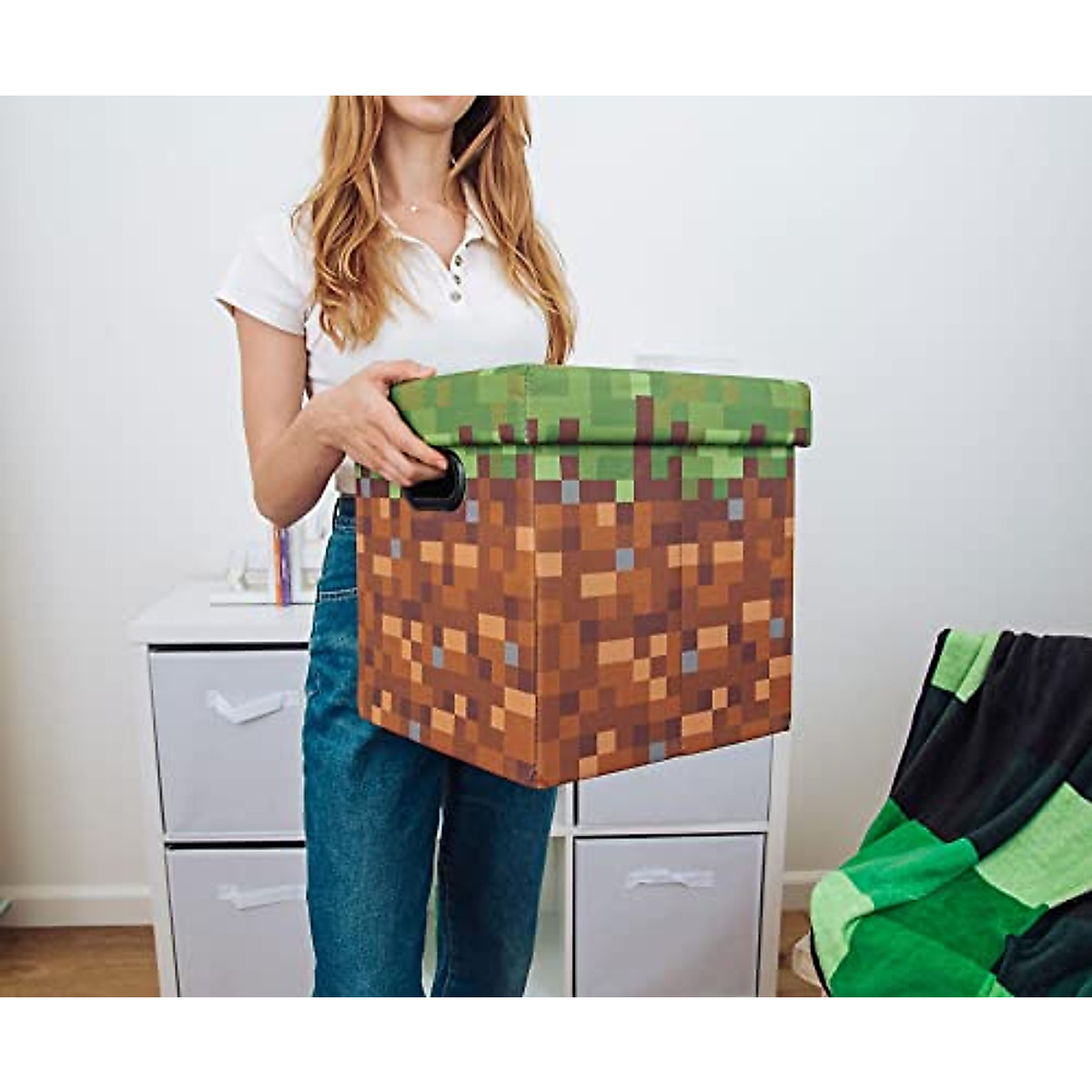 Minecraft Grassy Block 13-Inch Storage Bin Chest With Lid | Foldable Fabric Basket Container, Cube Organizer With Handles, Cubby For Shelves, Closet | Home Decor Essentials, Video Game Gifts