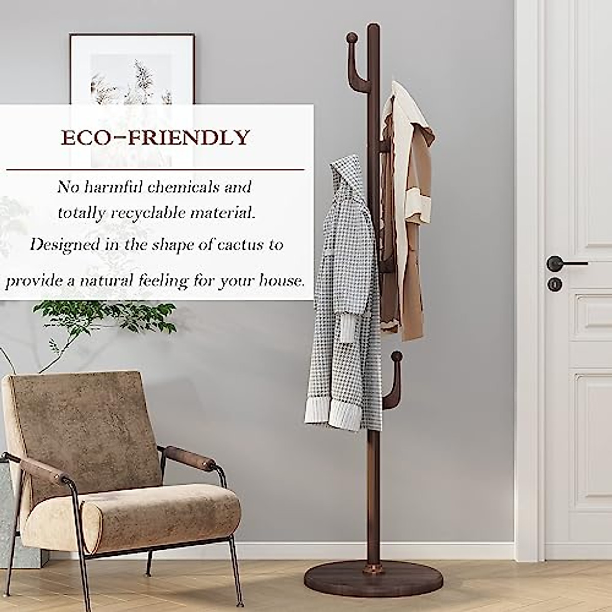 COVAODQ Coat Rack Freestanding, Coat Tree stand with 7 Hooks for Hallway Bedroom Office Natural Wood Standing Coat Rack for Clothes Hat Handbags