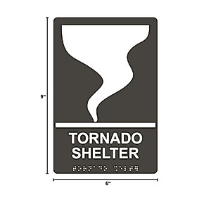ComplianceSigns.com Tornado Shelter Sign, ADA-Compliant Braille and Raised Letters, 9x6 in. Charcoal Gray Acrylic Plastic with Adhesive Mounting Strips