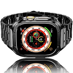 HASLFM Stainless Steel Watch Band with Case Compatible with Apple Watch Ultra/Ultra 2(49mm),Metal Strap and Rugged Protective Cover for iWatch Bands Cases Men, Black