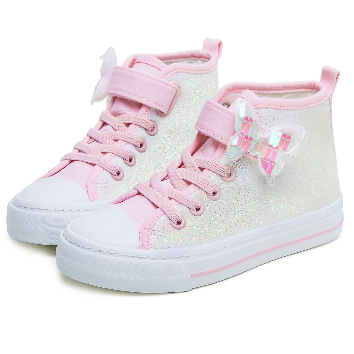 Toandon Girls Kids Sneakers Glitter Canvas Shoes Sparkle High Top Toddler Child Adjustable Hook Loop Straps Velcro Non Slip Lightweight Walking Outdoor Sequins Pink White Size 2