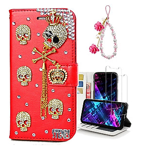 Fairy Art Crystal Wallet Phone Case Compatible with Samsung Galaxy Z Fold 5 - Skull Tassel - Red - 3D Handmade Sparkly Glitter Bling Leather Cover with Screen Protector & Beaded Phone Lanyard
