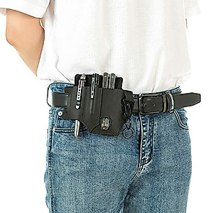 PUOSUO Multitool Sheath for Belt,Belt Sheath,Leather Flashlight Holster,Handmade 3 Pockets Organizer Sheath for Flashlights,Tactical pens,Tools, Leather EDC Pocket Organizer (Black)