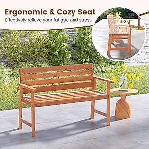 Tangkula 48 Inch Hardwood Patio Bench, Wood 2-Seat Chair with Breathable Slatted Seat & Inclined Backrest, Ergonomic Outdoor Loveseat for Backyard, Balcony, Garden
