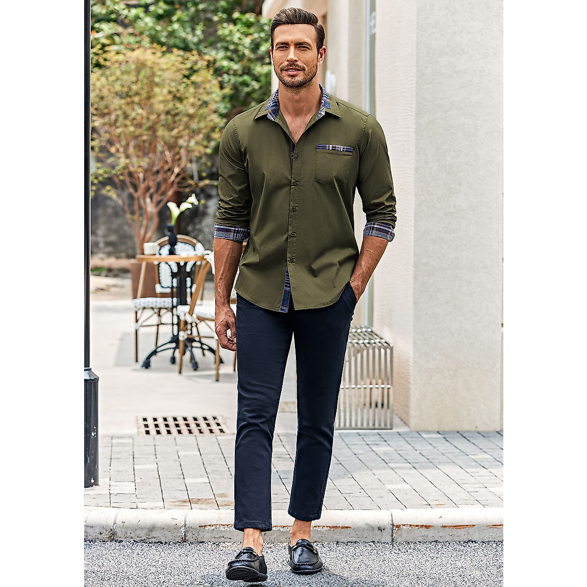 COOFANDY Men's Casual Button Down Shirts Plaid Collar Dress Shirt Army Green X-Large