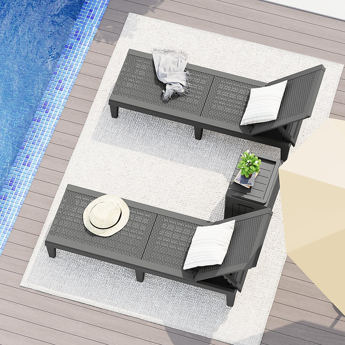 Greesum Outdoor Chaise Lounge Chairs Set of 2 with Adjustable Backrest, Waterproof PE Easy Assembly, Lightweight for Patio, Poolside, Beach, Yard, Dark Black