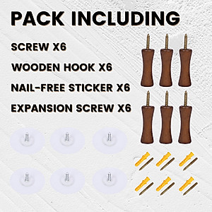 HYBDAMAI Natural Wooden Wall Mounted Hooks (2 Ways,Walnut,6 Packs), Single Coat Hat Rack Wall Mount,for Hanging Coat Towel Cap Bag Purses Jacket Backpack