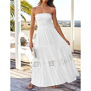 ZESICA Women's 2024 Summer Bohemian Strapless Off Shoulder Lace Trim Backless Flowy A Line Beach Long Maxi Dress,White,Small