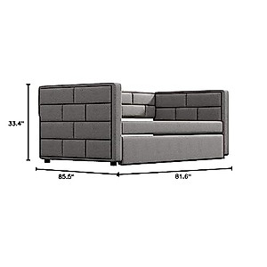 YILIBO Wood Bed Twin Size Trundle, Upholstered Daybed with Padded Back, Space-Saving Design, Built-in Solid Slat Support for Kids Teens Bedroom, No Box Spring Needed, Grey
